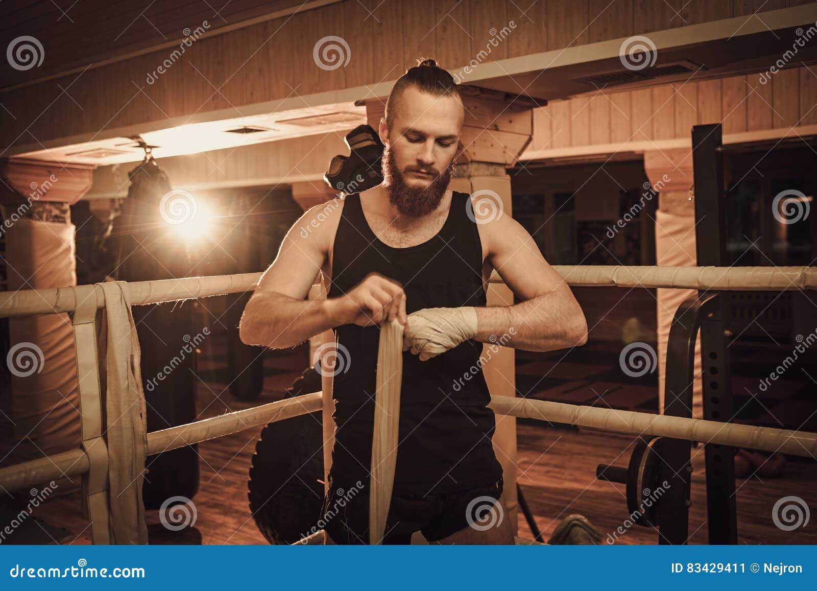 Fighter Preparing for Training, Wrapping Hands with Boxing Wraps Stock ...