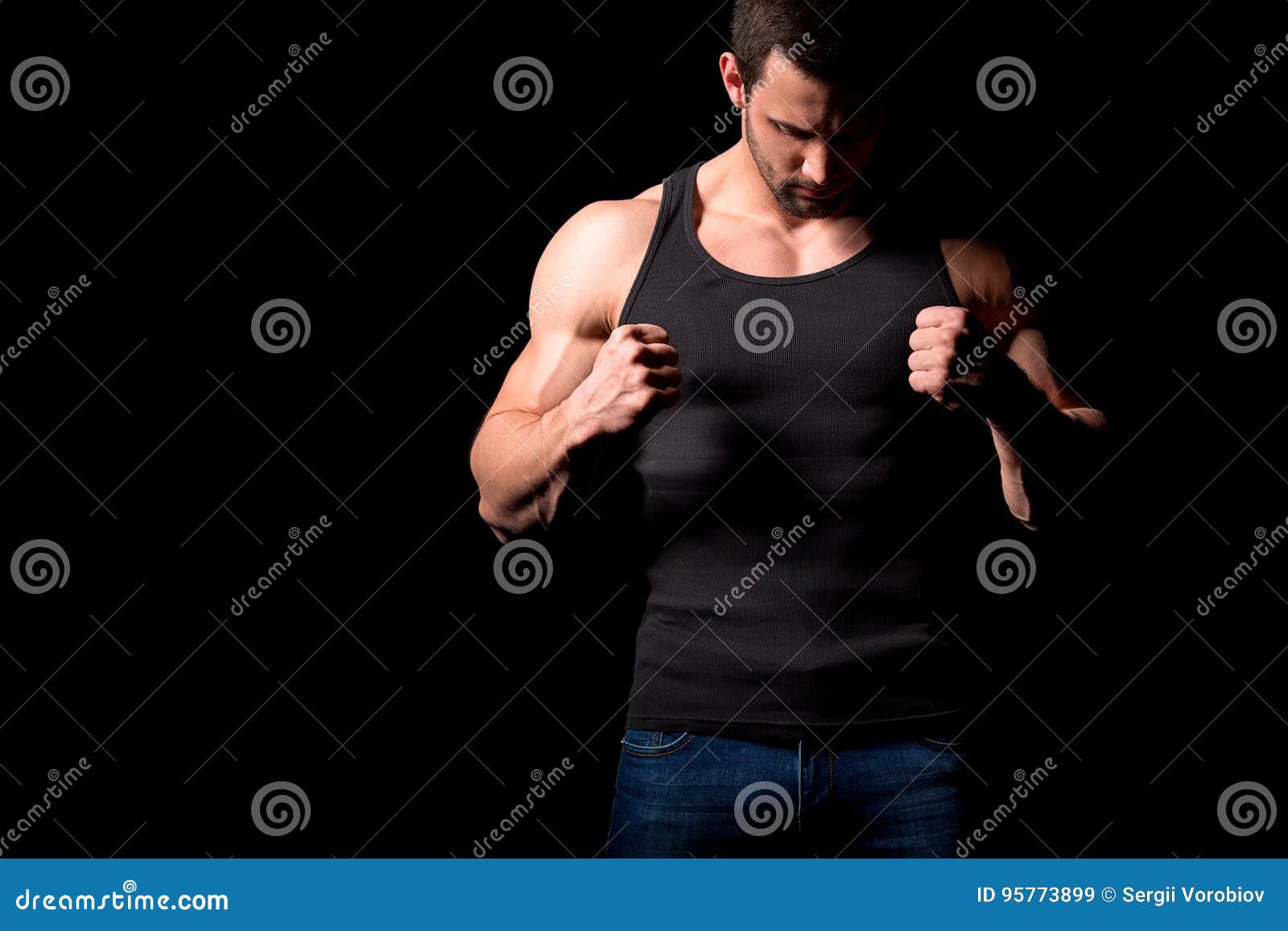 Fighter Silhouette. Handsome Athletic Man In Boxing Stand On A Dark ...