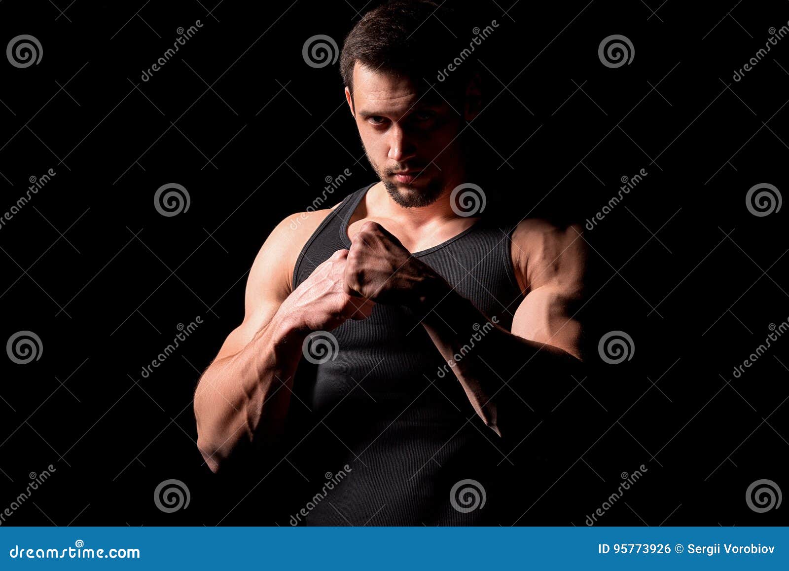 Fighter Silhouette. Handsome Athletic Man In Boxing Stand On A Dark ...