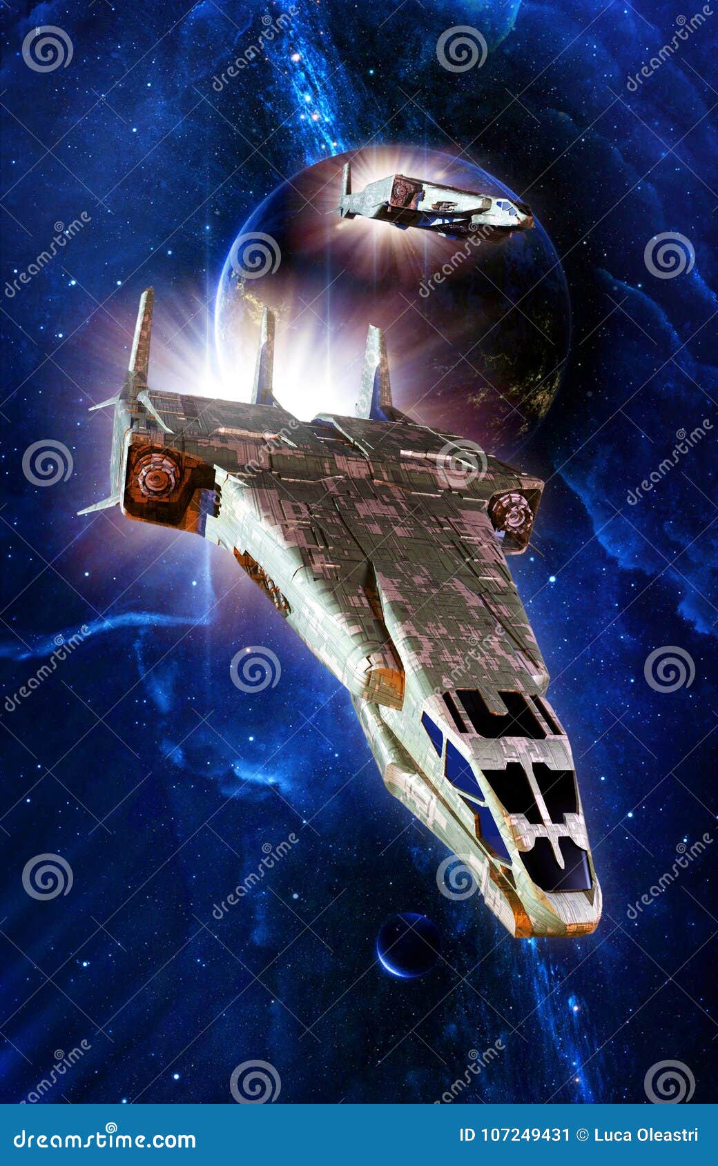 Fighter Spaceship and Planetary System Stock Illustration ...