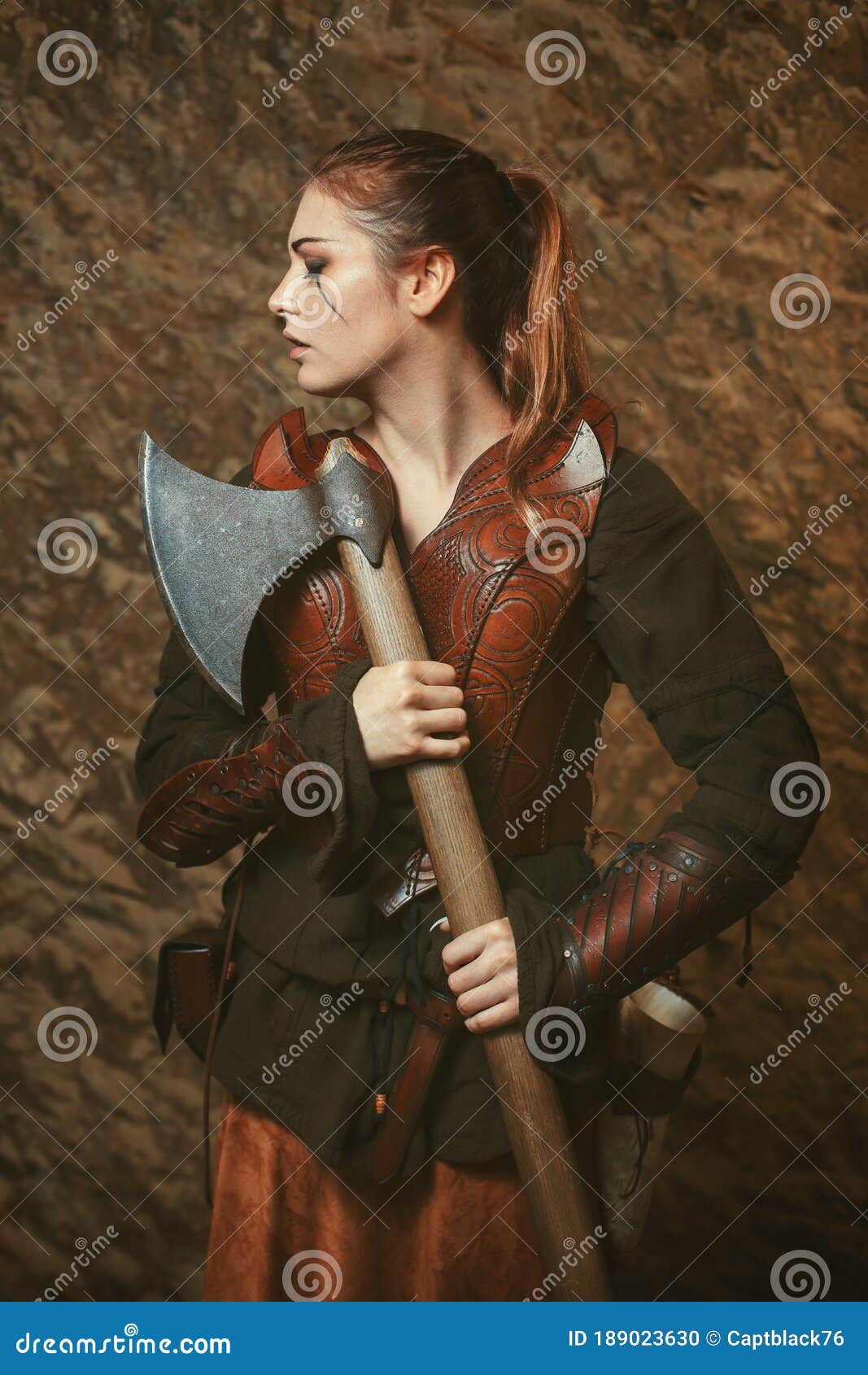 Fighter Woman Poses with Battle Axe Stock Photo - Image of leather ...
