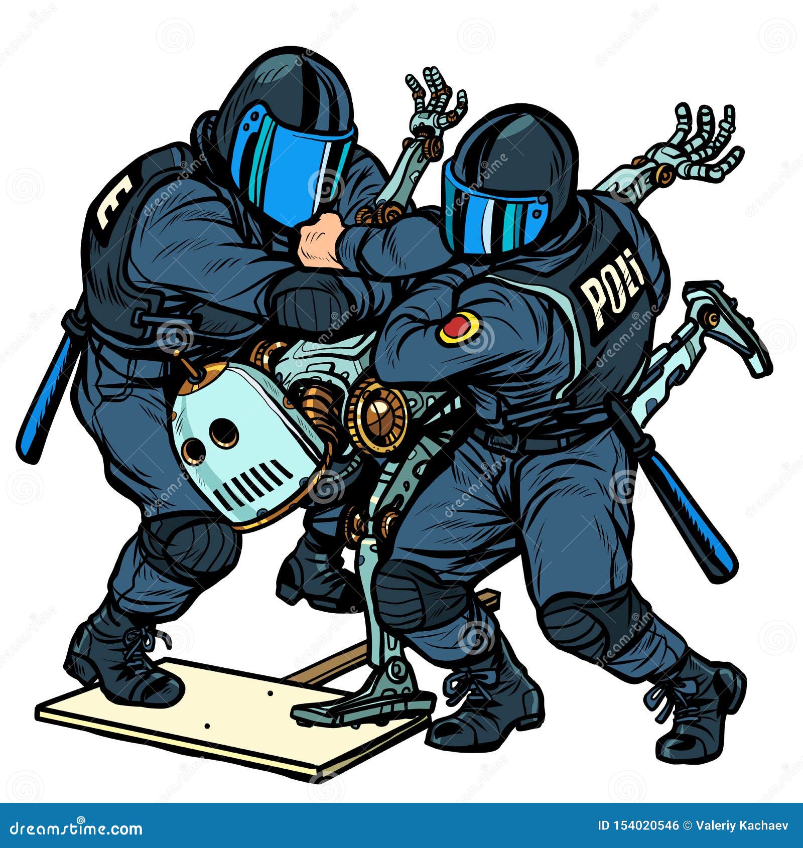 Fighting the Future. Police Arrest a Protesting Robot Stock Vector ...