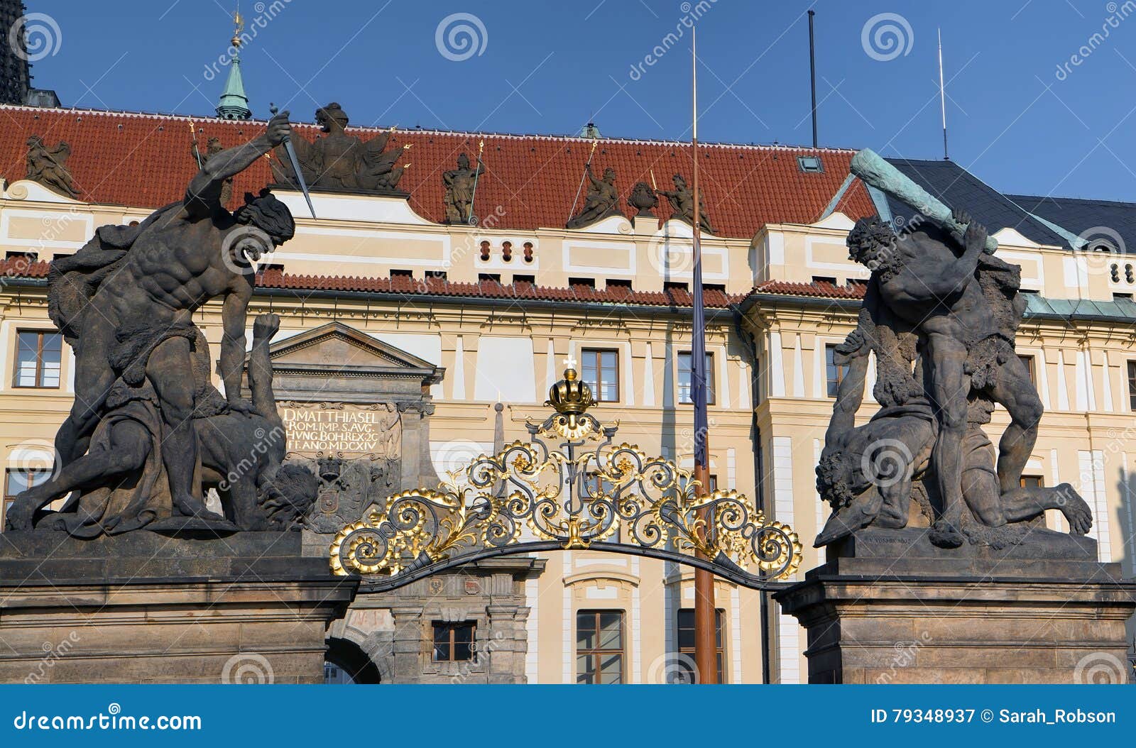 Fighting Giants Statues on Prague Castle Gate. Panorama. Stock Image ...