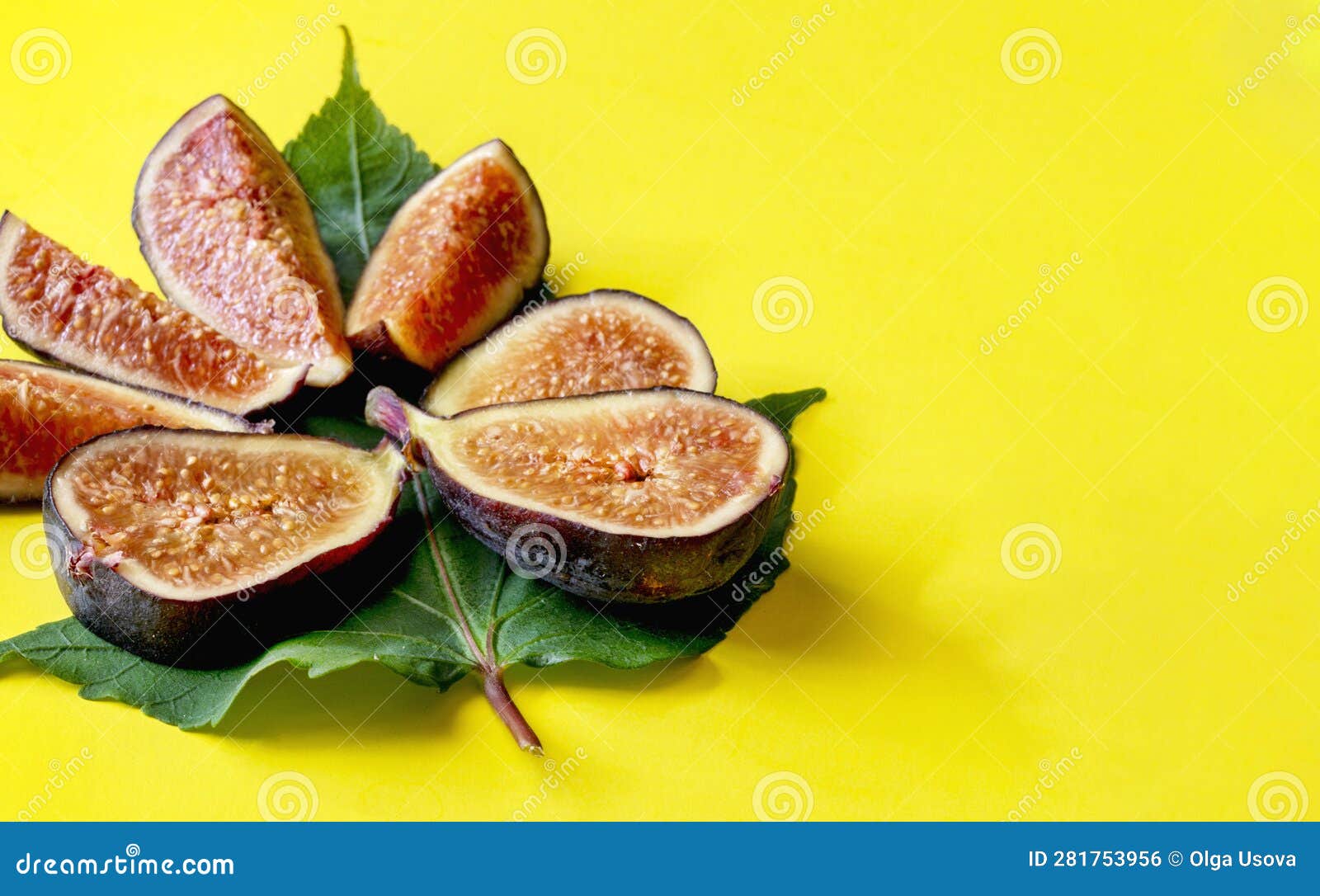 Figs with Green Leaves on Yellow Background, Selective Focus. Tropical ...