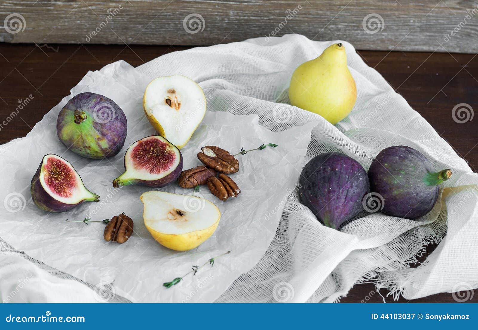 Figs, Pears and Pekan Nuts on a White Tissue Stock Image - Image of ...
