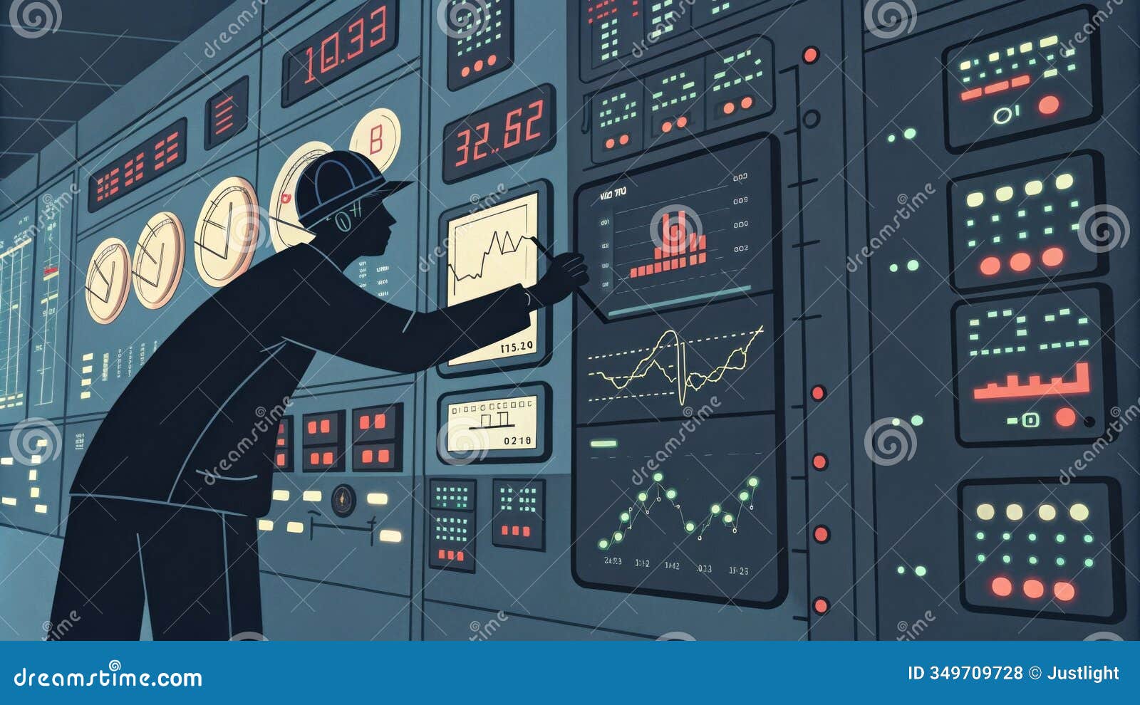 A Figure Adjusting the Dials of a Large Control Panel with Indicators ...