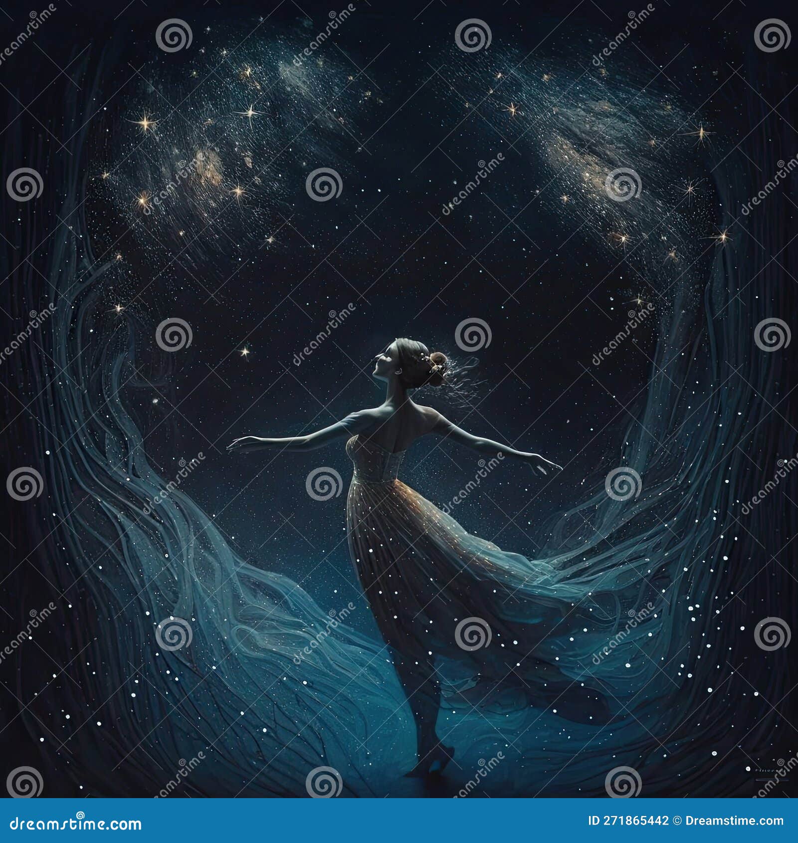 Figure of a Delicate Ballerina Dancing among the Starry Sky. Dark Background. Generative AI ...