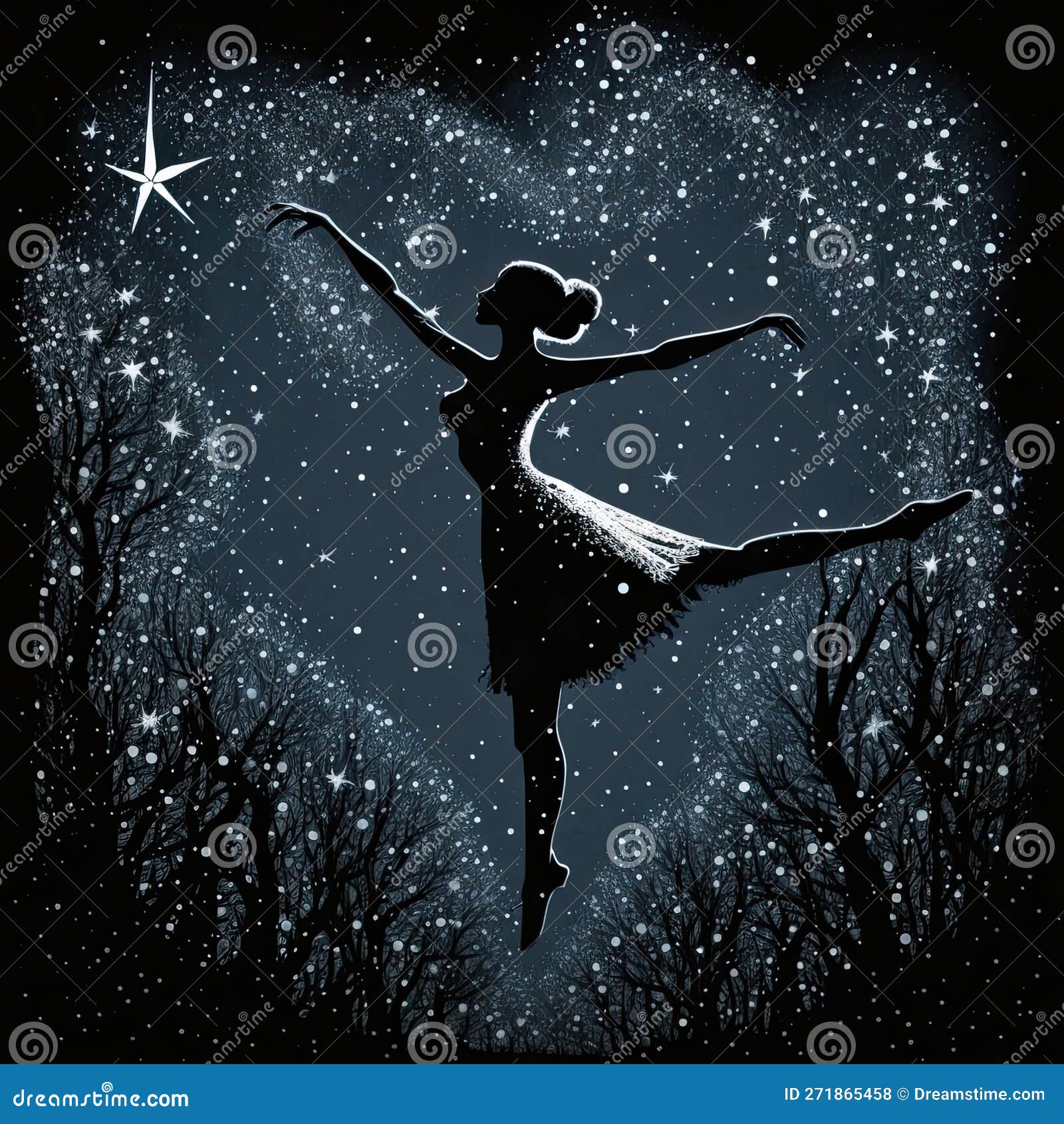 Figure of a Delicate Ballerina Dancing among the Starry Sky. Dark ...