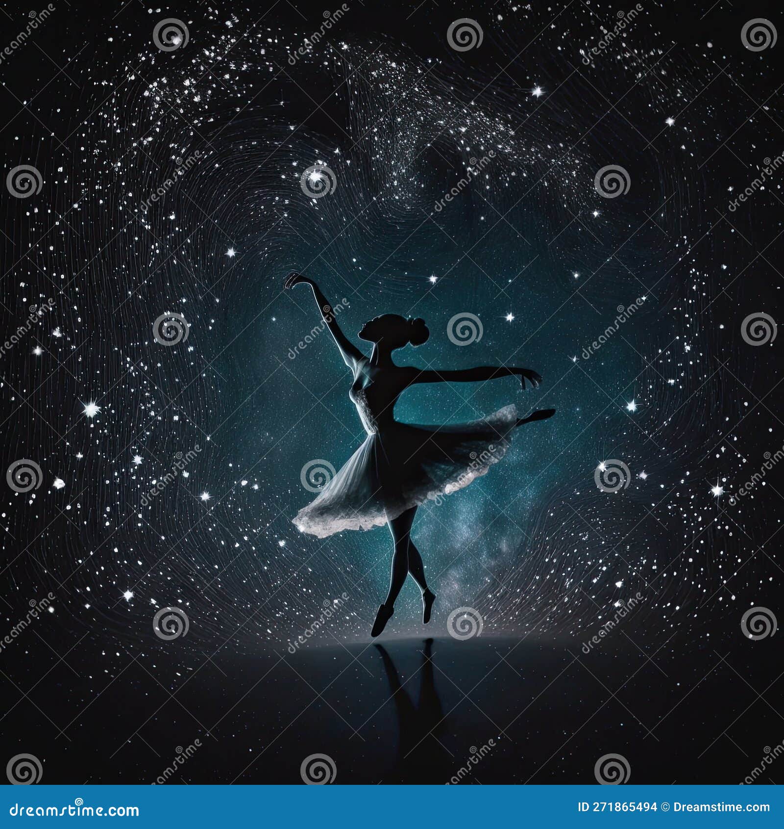 Figure of a Delicate Ballerina Dancing among the Starry Sky. Dark Background. Generative AI ...