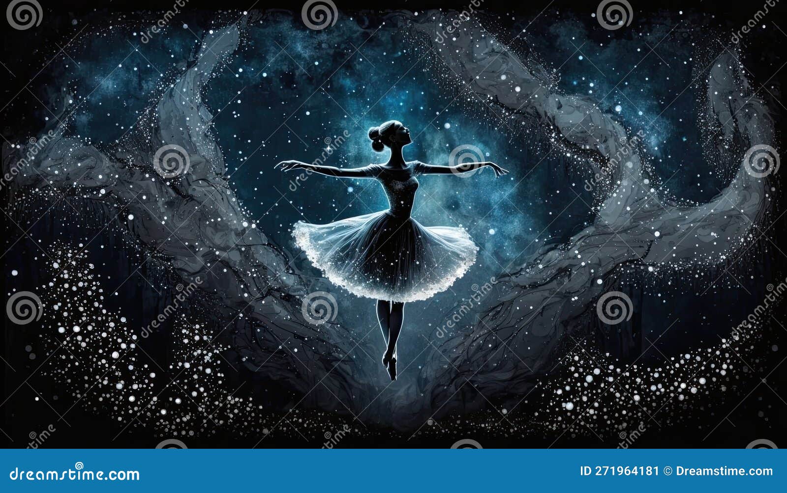 Figure of a Delicate Ballerina Dancing among the Starry Sky. Dark Background. Generative AI ...