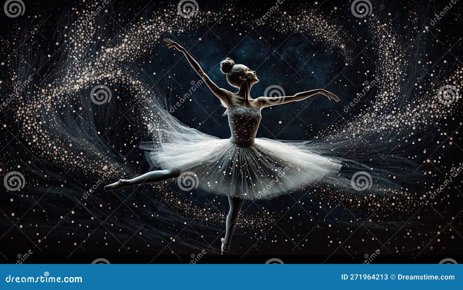 Figure of a Delicate Ballerina Dancing among the Starry Sky. Dark Background. Generative AI ...