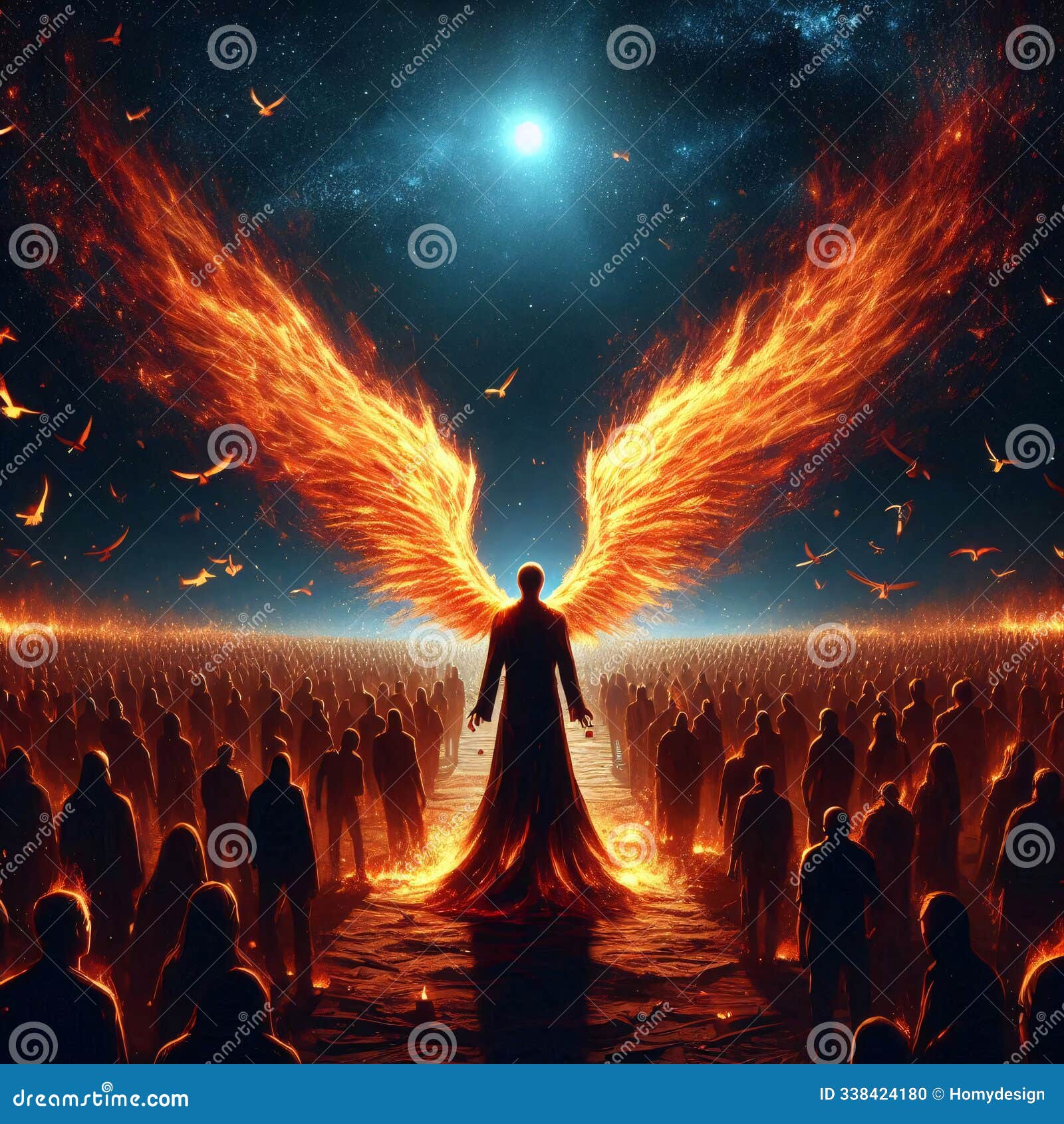 A Figure With Fiery Wings Stands Before An Awed Crowd Under A Starry ...