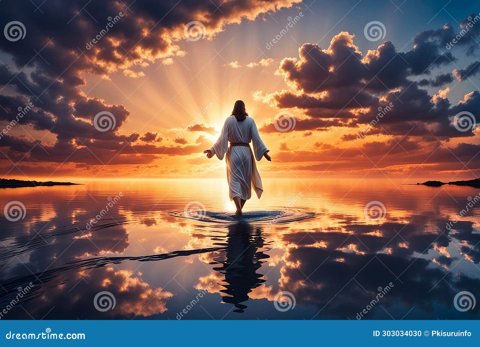 Figure of Jesus Walk on Water on a Beautiful Dramatic Sunset Background ...