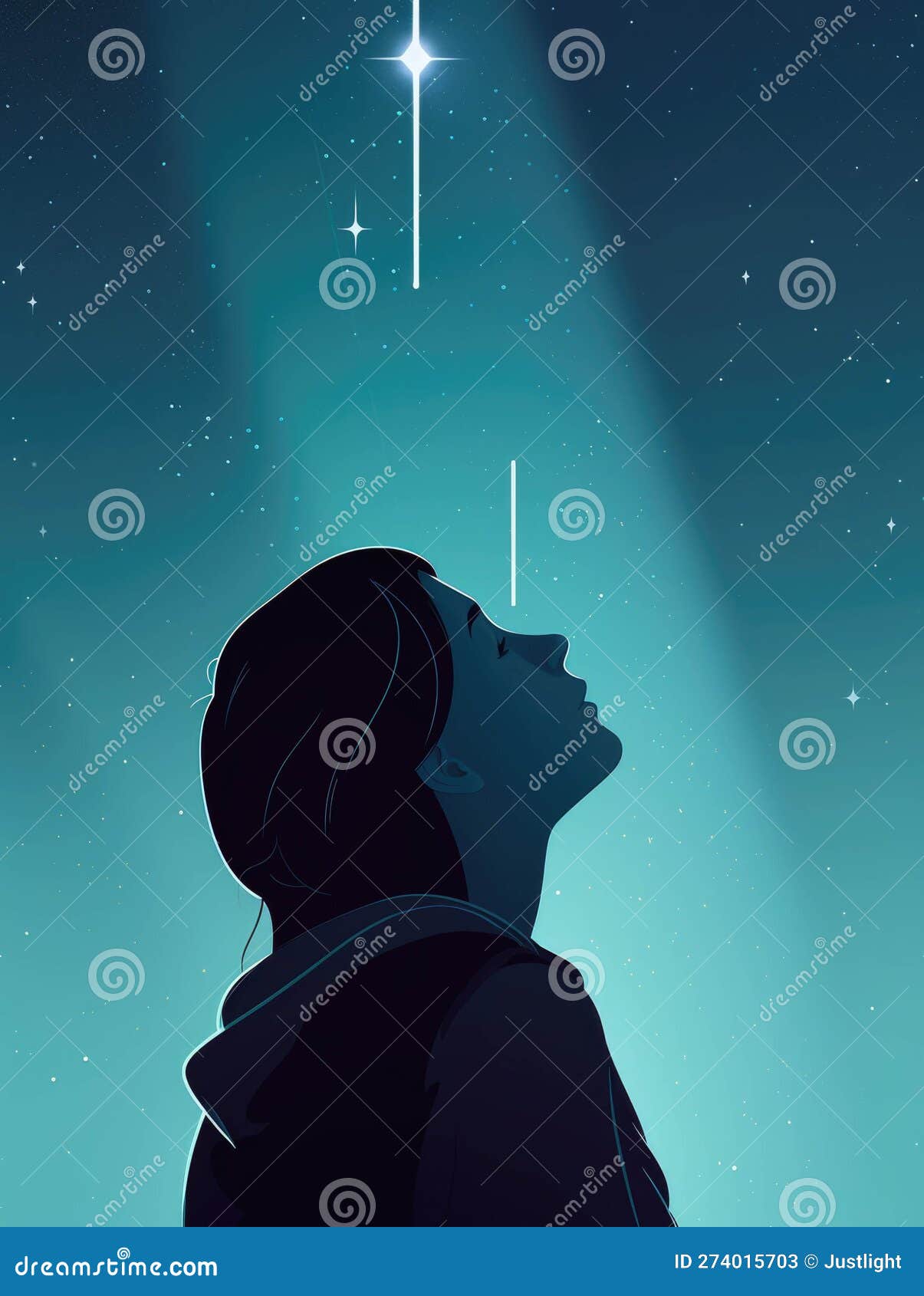A Figure Looking Up at the Stars Their Face Illuminated by a Beam of ...
