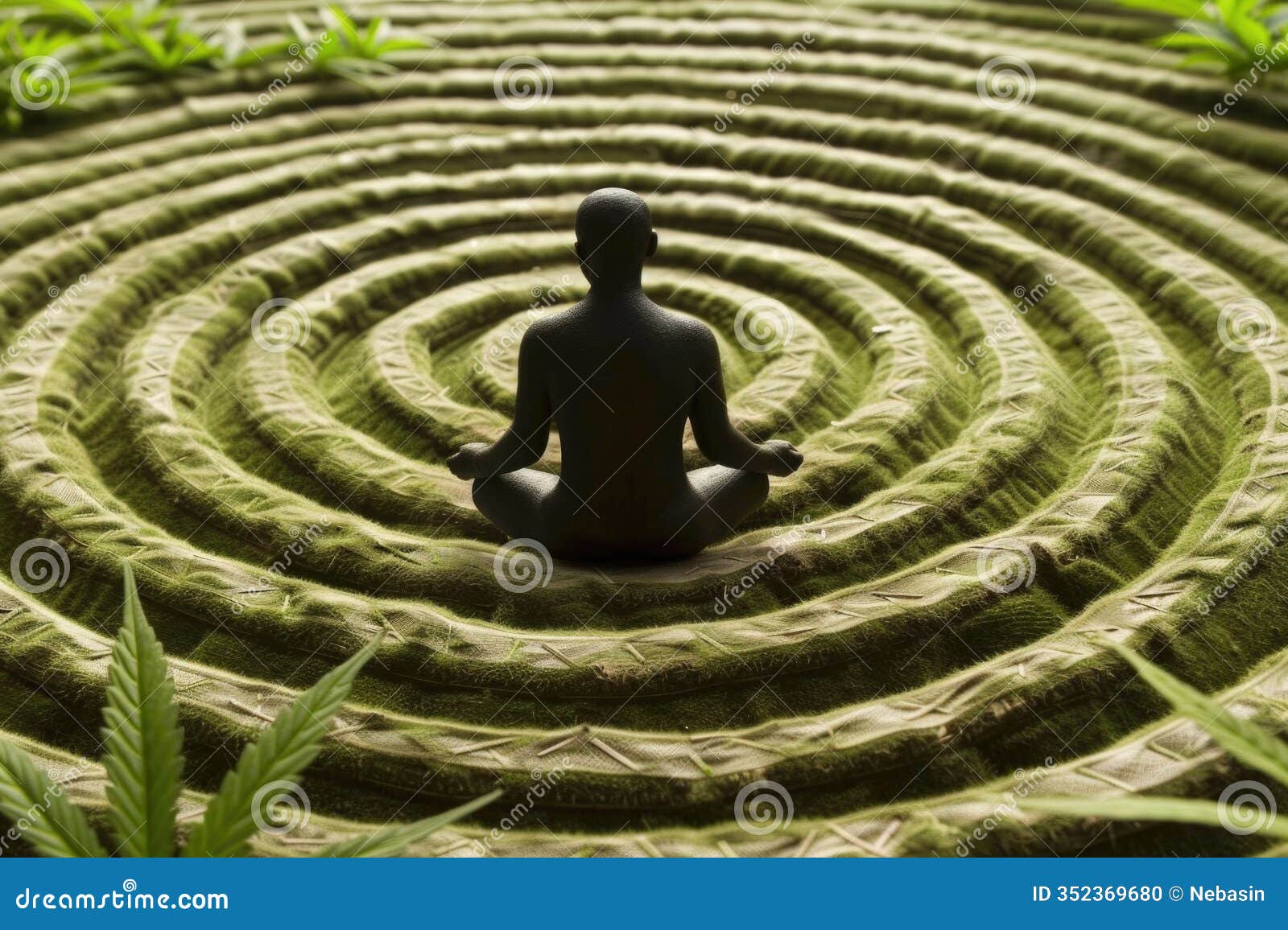 Figure Meditating in Moss-covered Zen Garden with Concentric Circles ...