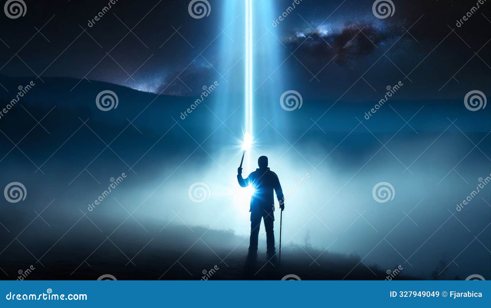 Figure in Night Forest with Rays of Light Stock Illustration ...