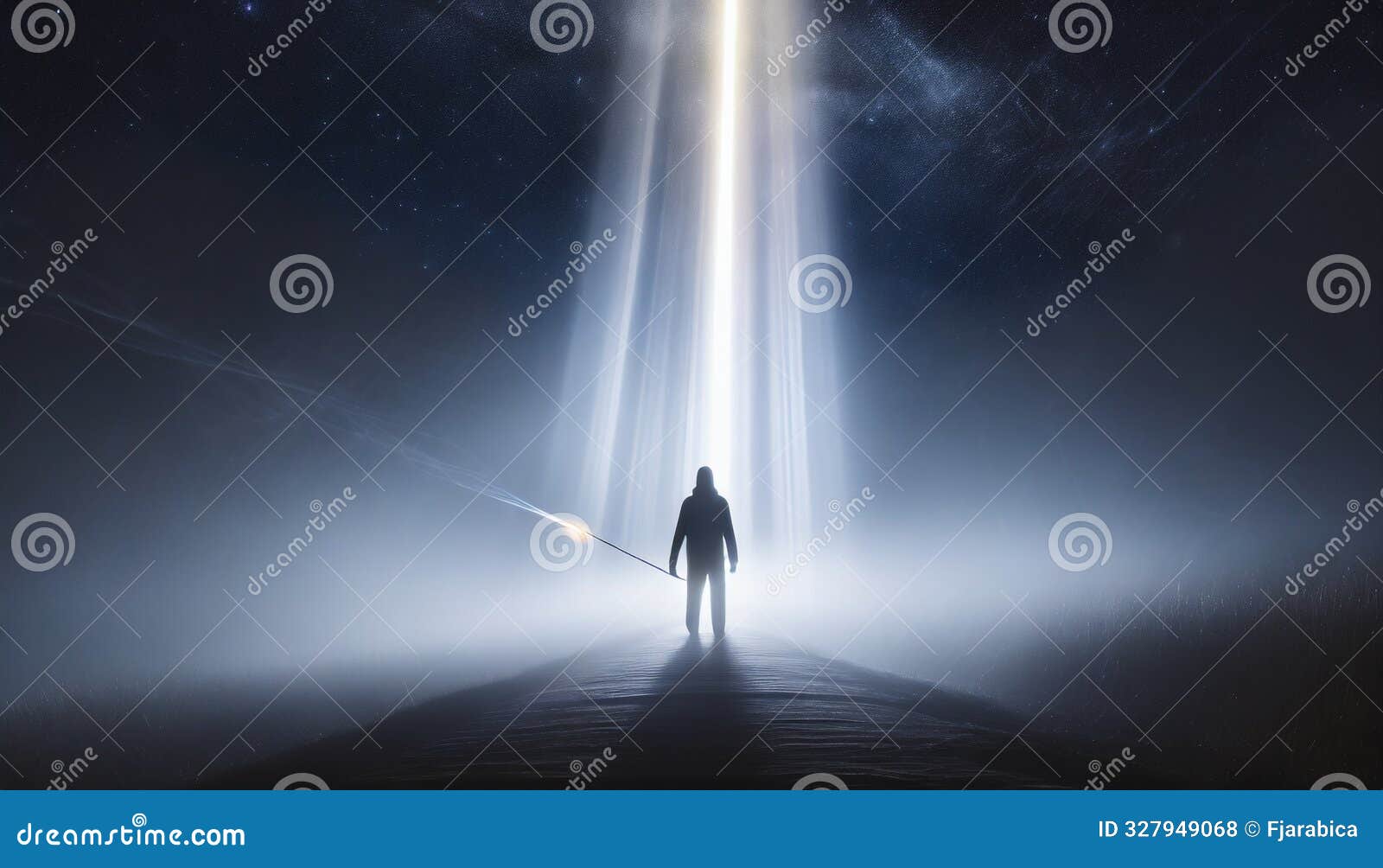 Figure in Night Forest with Rays of Light Stock Illustration ...
