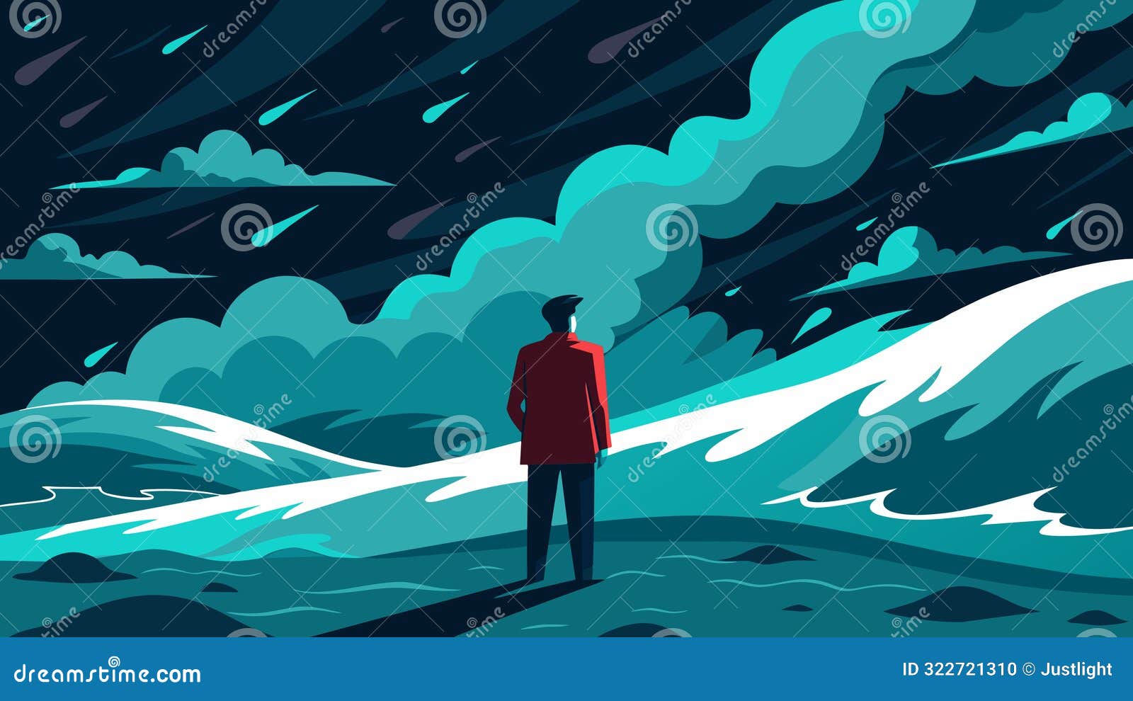 A Figure Peacefully Watching the Chaotic Waves Crash on a Stormy Beach ...