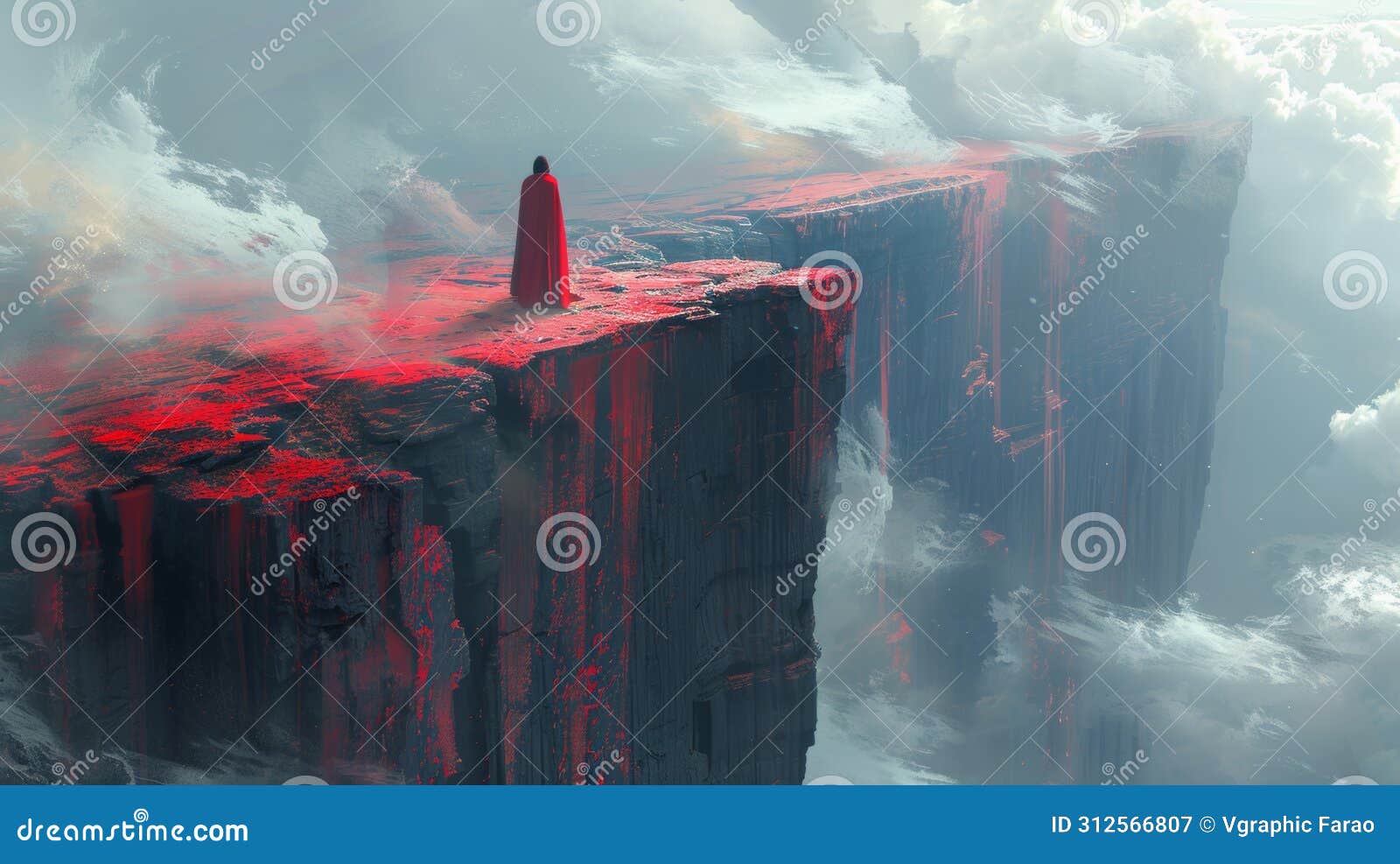 Figure in Red Standing on a Cliff in a Surreal Landscape Stock Image ...