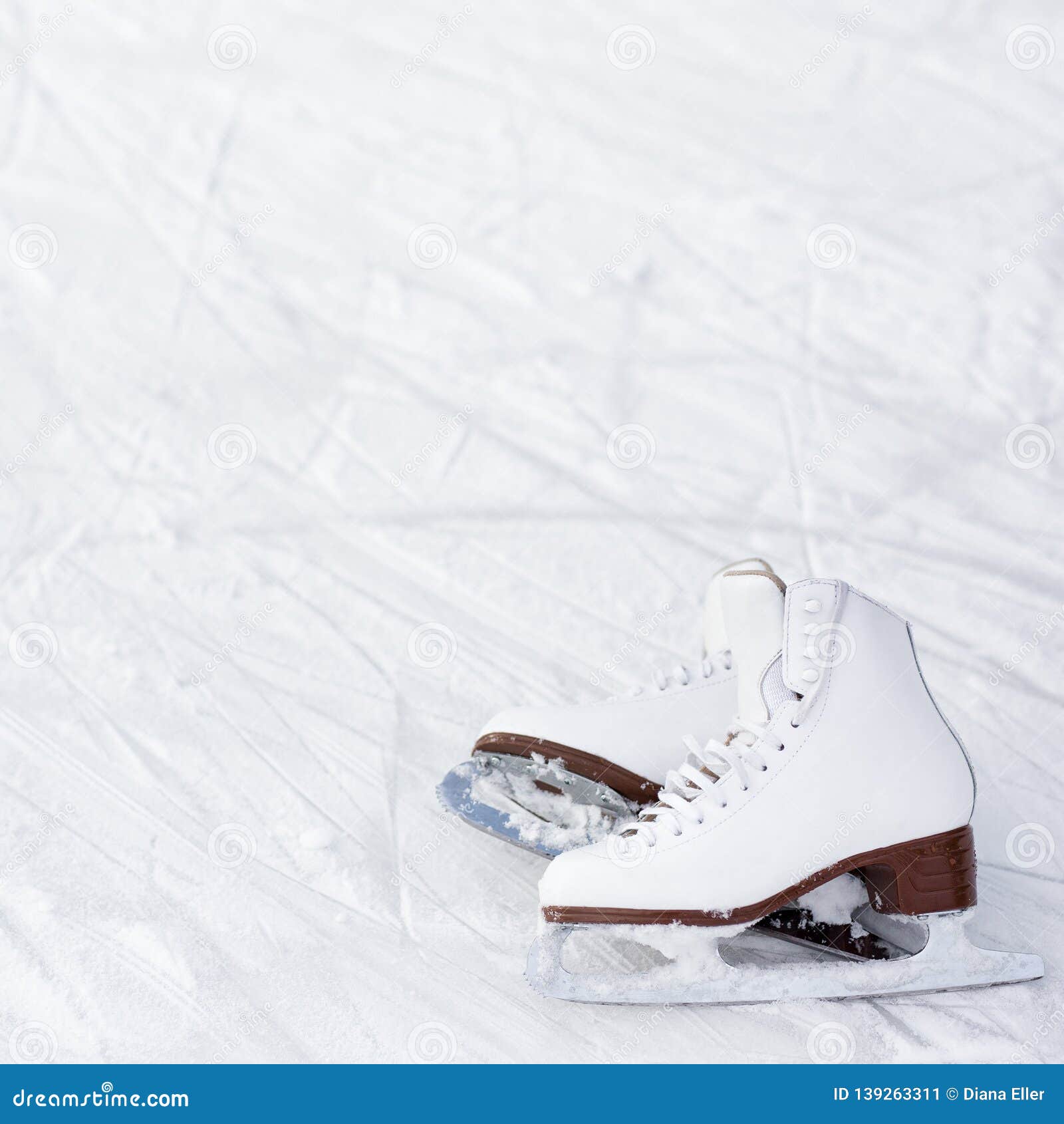 Figure Skates and Copy Space Over Ice with Marks from Skating Stock ...