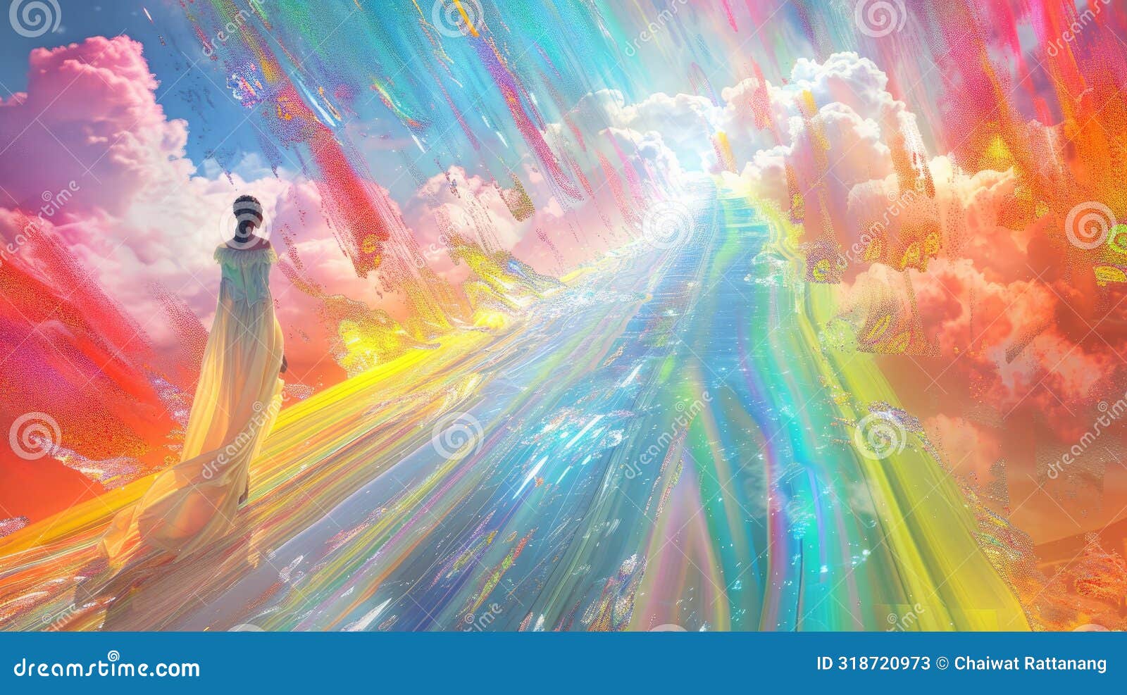 A Figure Standing on a Rainbow Bridge, Dressed in an Elaborate ...
