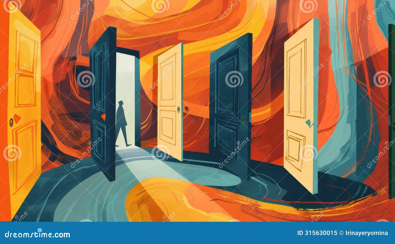 Figure Stepping Towards Change with Multiple Open Doors Stock Image ...