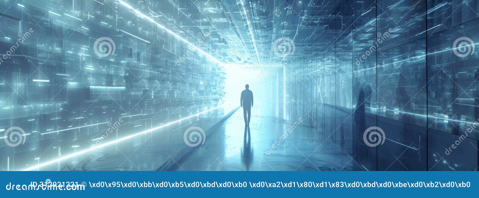 Figure Walking Towards Light in Futuristic Corridor, Concept of ...