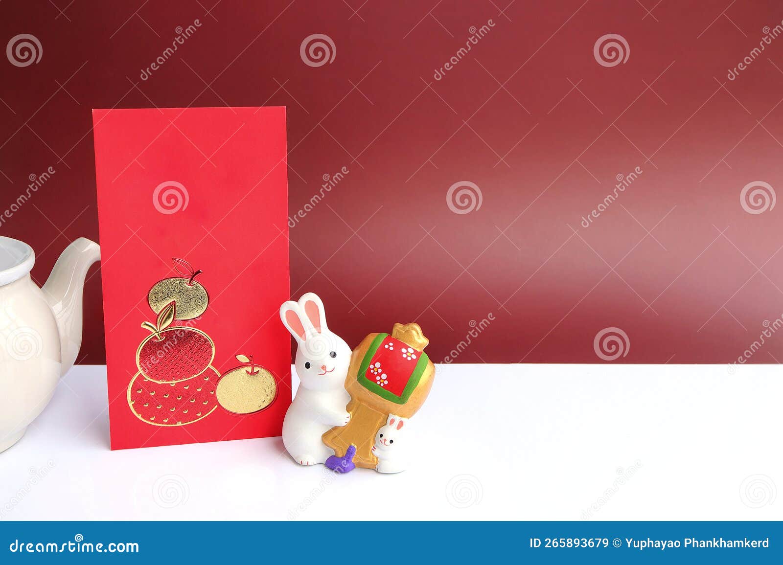 Figure of White Rabbit and Red Envelopes on Red Background with Blank ...