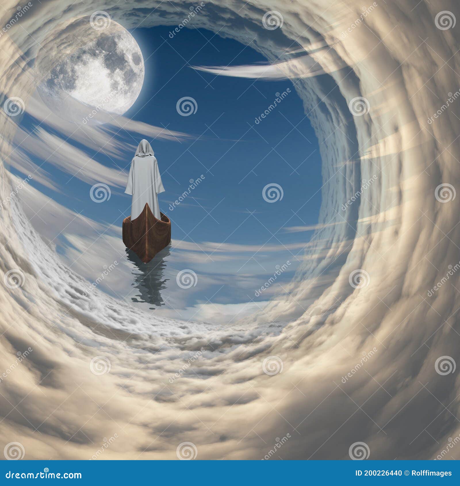 Figure in White Robe Floating To Fulll Moon in Clouds Stock ...