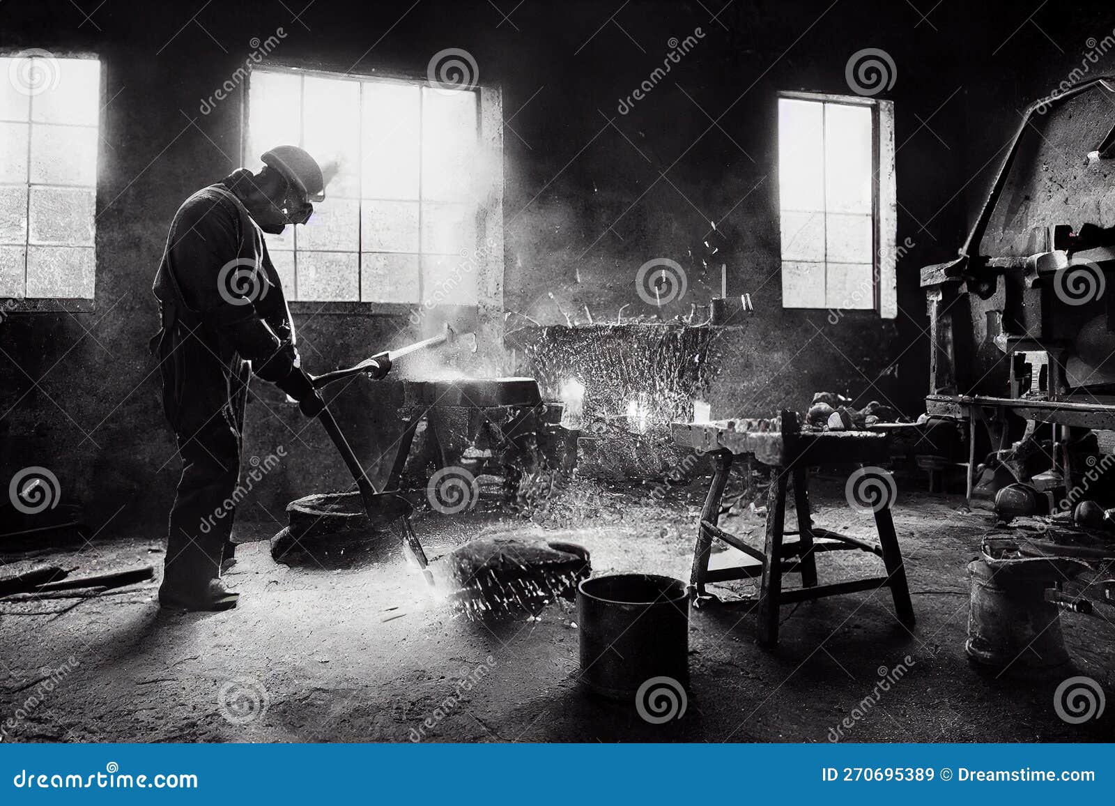 Figure of Working Blacksmith with Anvil and Hammer Against Background ...