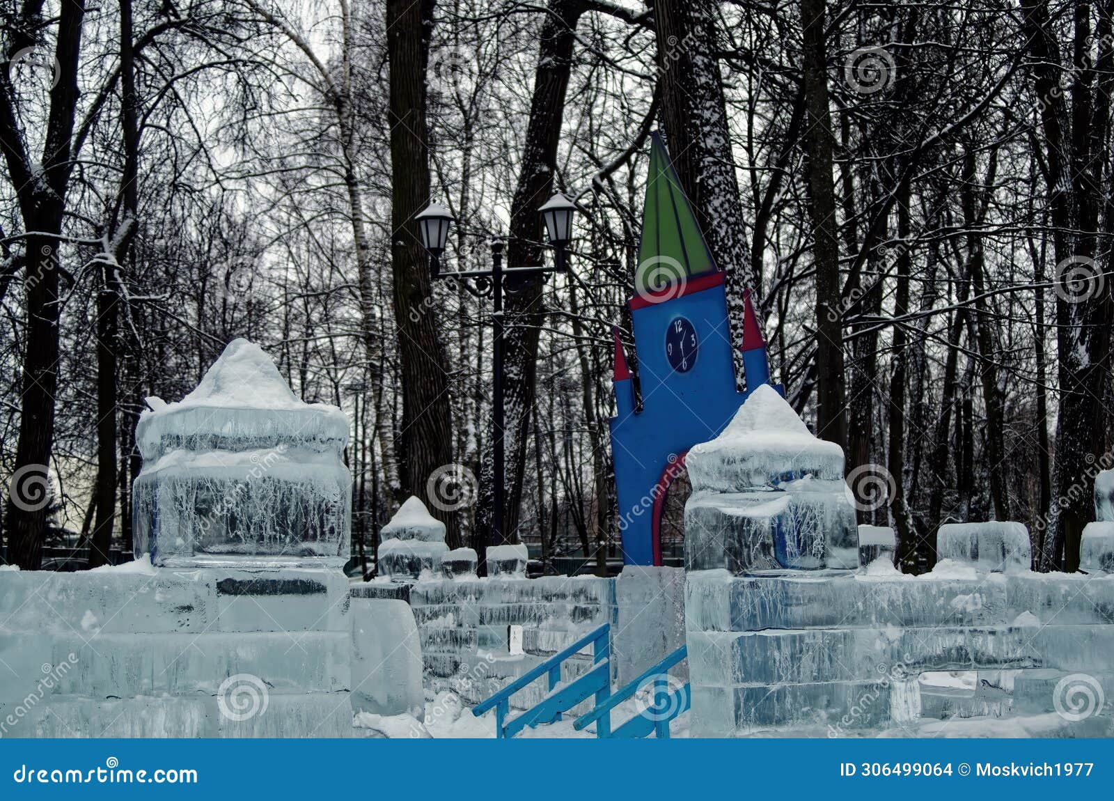 Figures and Buildings Made of Ice in a Park Stock Photo - Image of ...