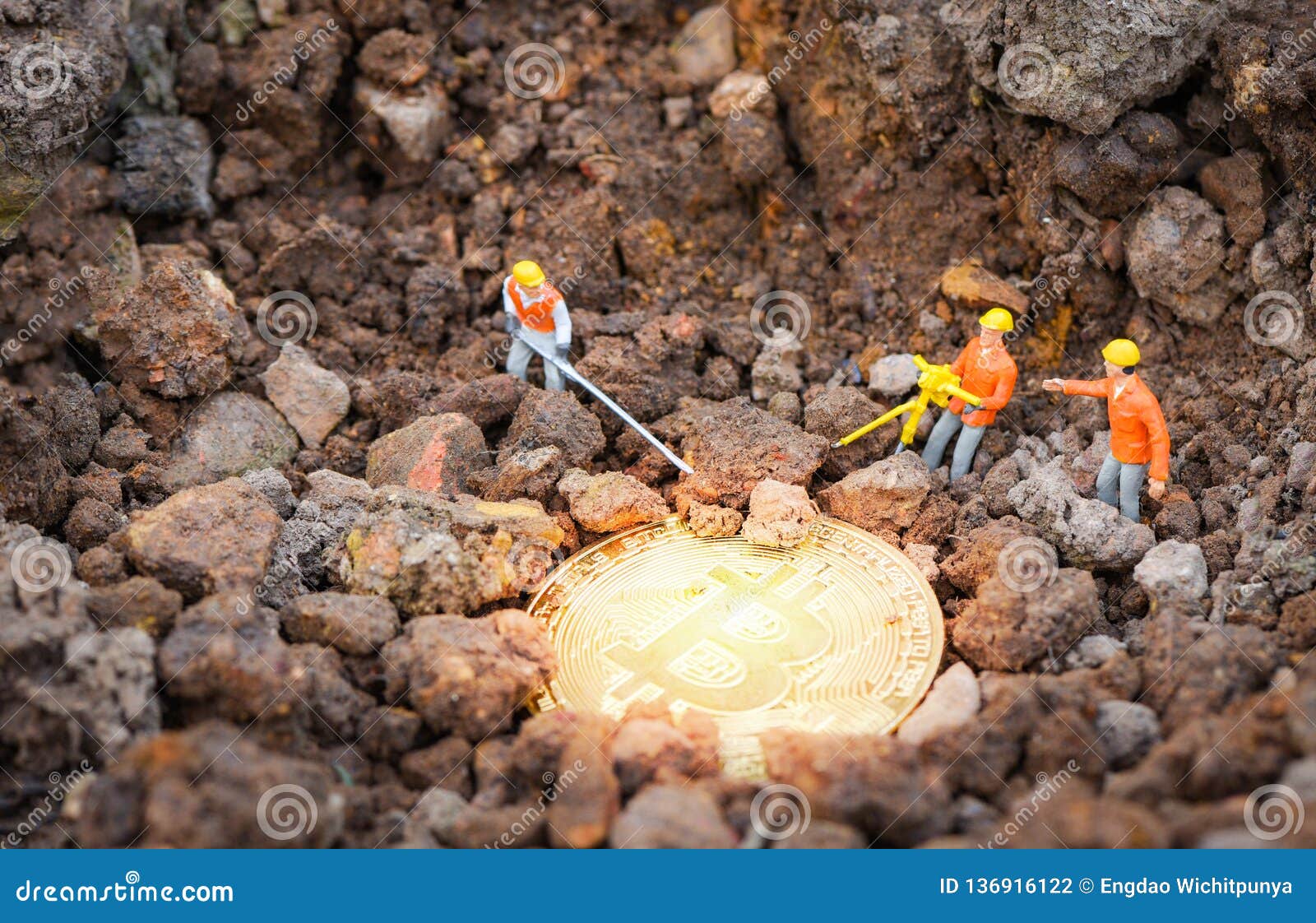 Figurines Worker Mining Golden Bitcoins on Digging Ground Soil Deep ...