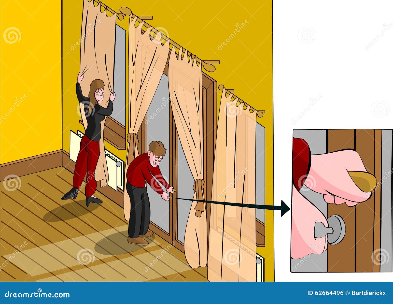 Fijación De Las Cortinas Cerradas De La Puerta De Atrás Stock De Ilustración Ilustración De