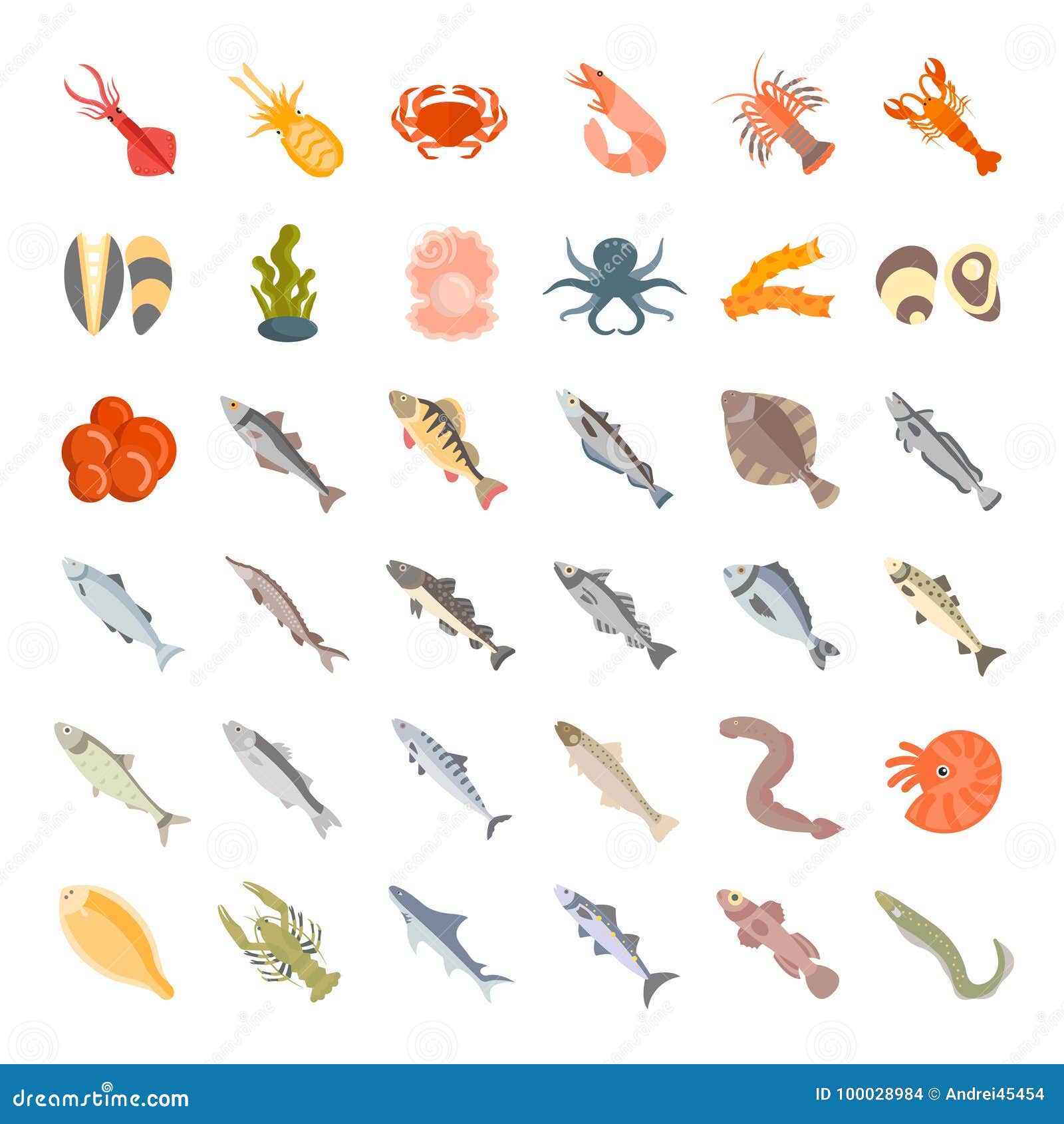Fije Los Iconos Planos Del Vector De Los Mariscos Stock de ilustración ...