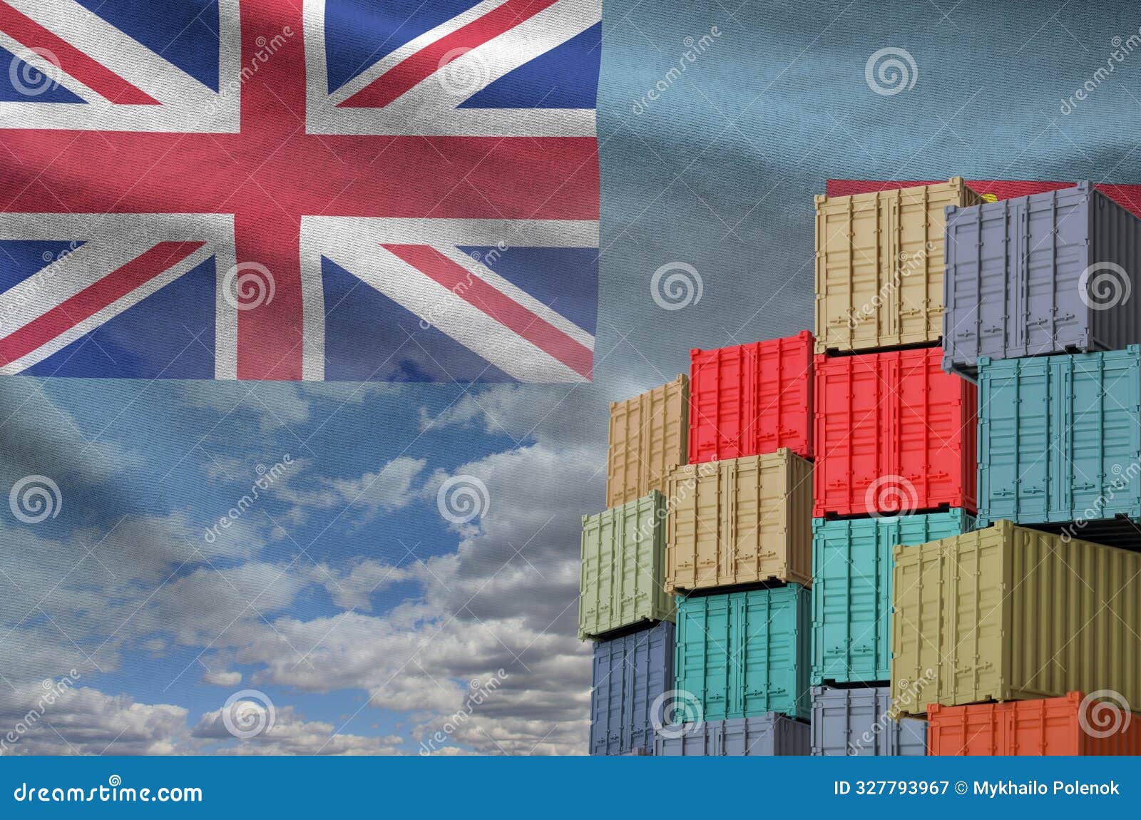 Fiji Flag and Big Stack of Shipping Cargo Containers in Docks with Sky ...