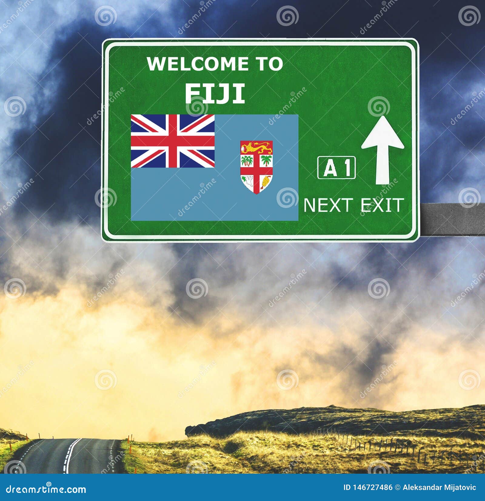 Fiji Road Sign Against Clear Blue Sky Stock Photo - Image of exit, post ...