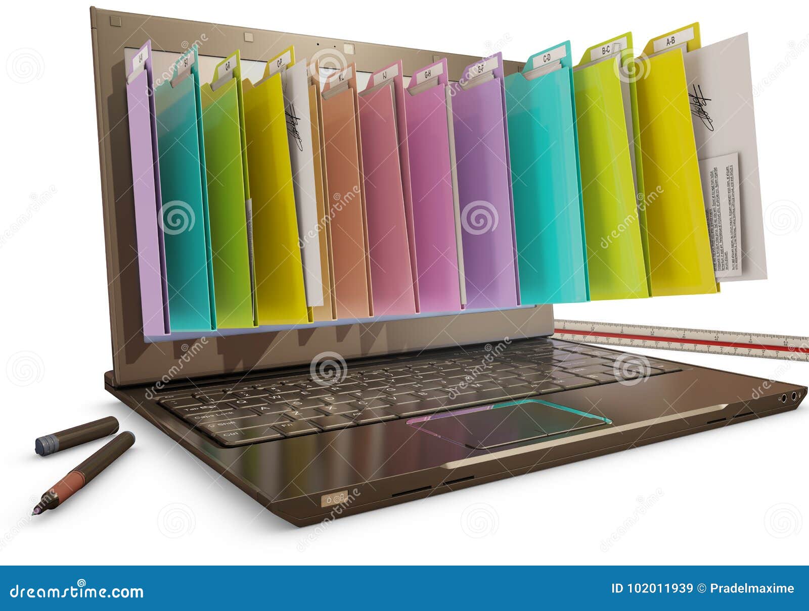 Laptop With Folders On Screen And Transferred Documents. Files Transfer ...