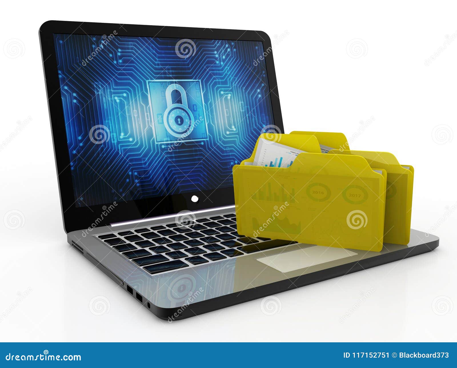 Laptop With Folders On Screen And Transferred Documents. Files Transfer ...