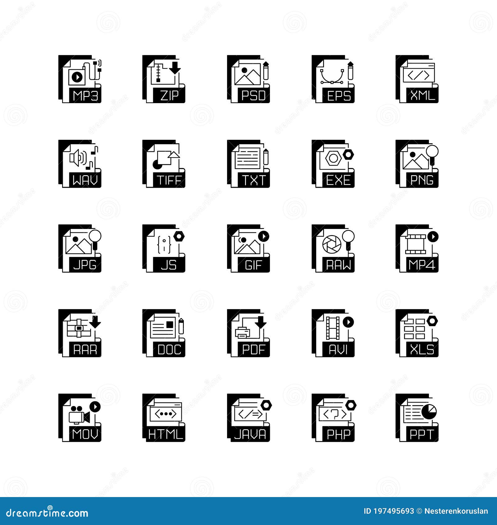 File Extensions Black Linear Icons Set Stock Vector - Illustration of ...