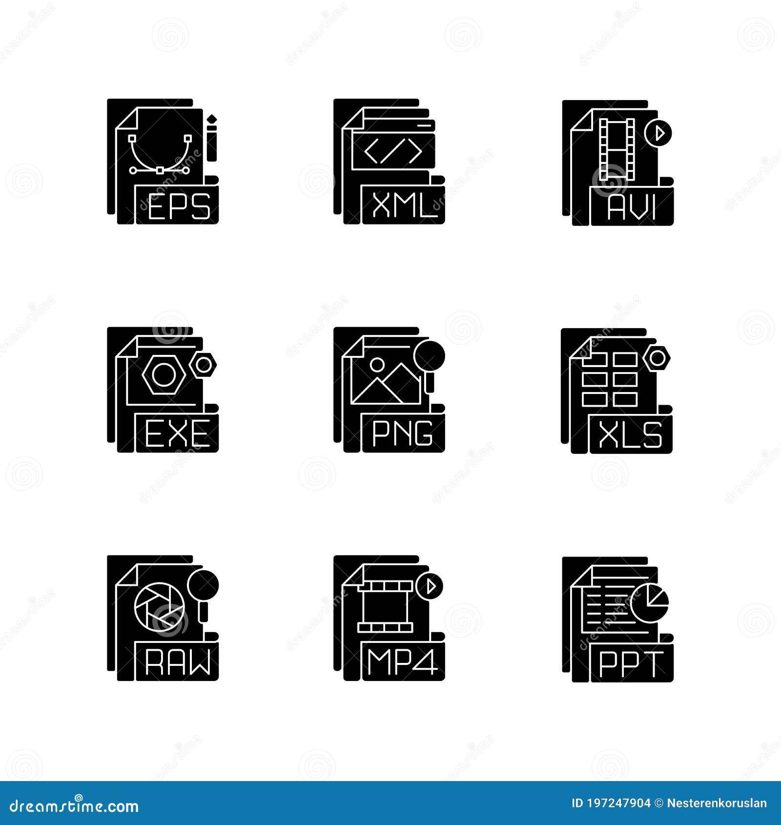 File Formats Black Glyph Icons Set on White Space Stock Vector ...