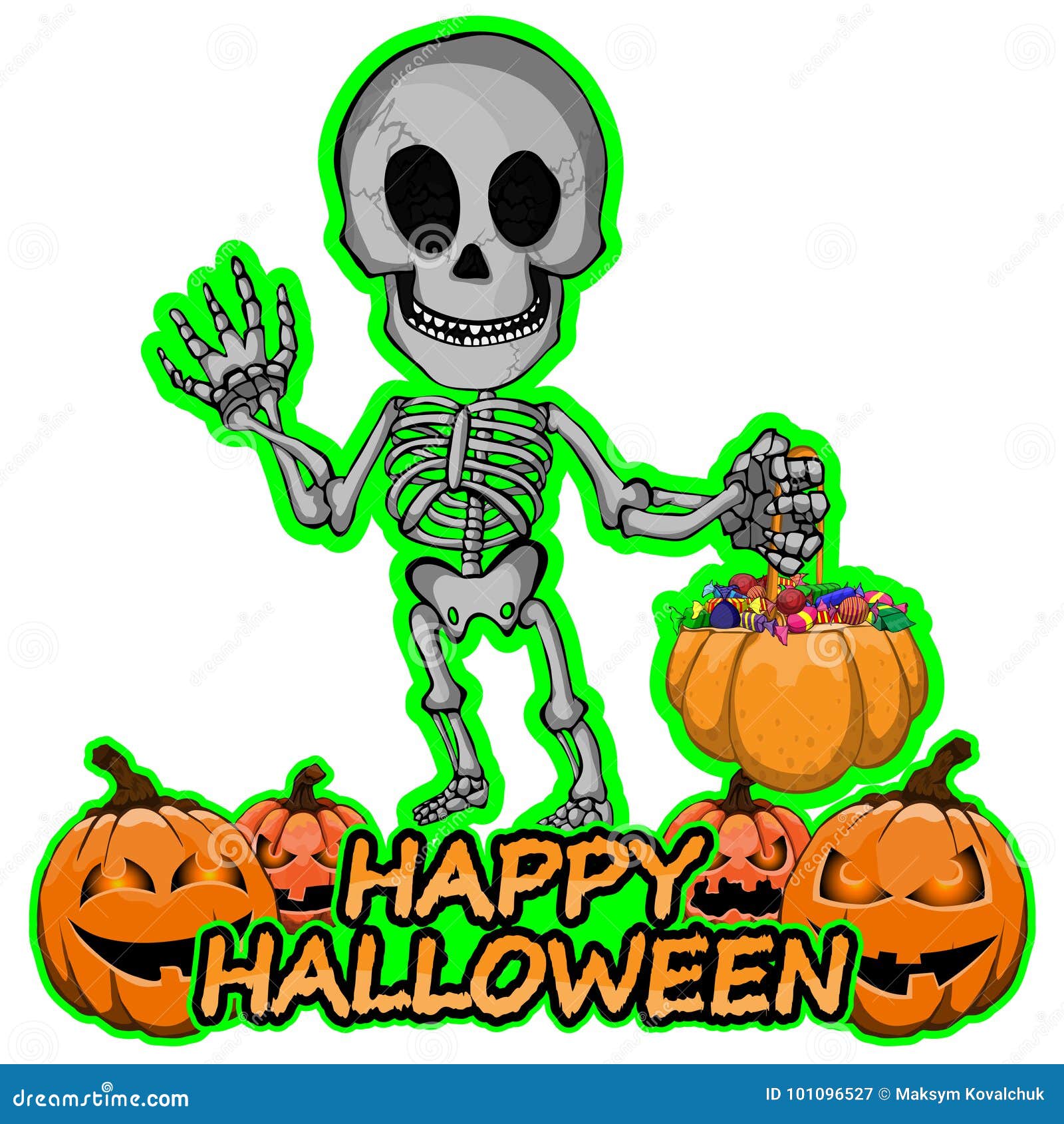 Cheerful Skeleton Wishes Happy Halloween. Stock Vector - Illustration ...