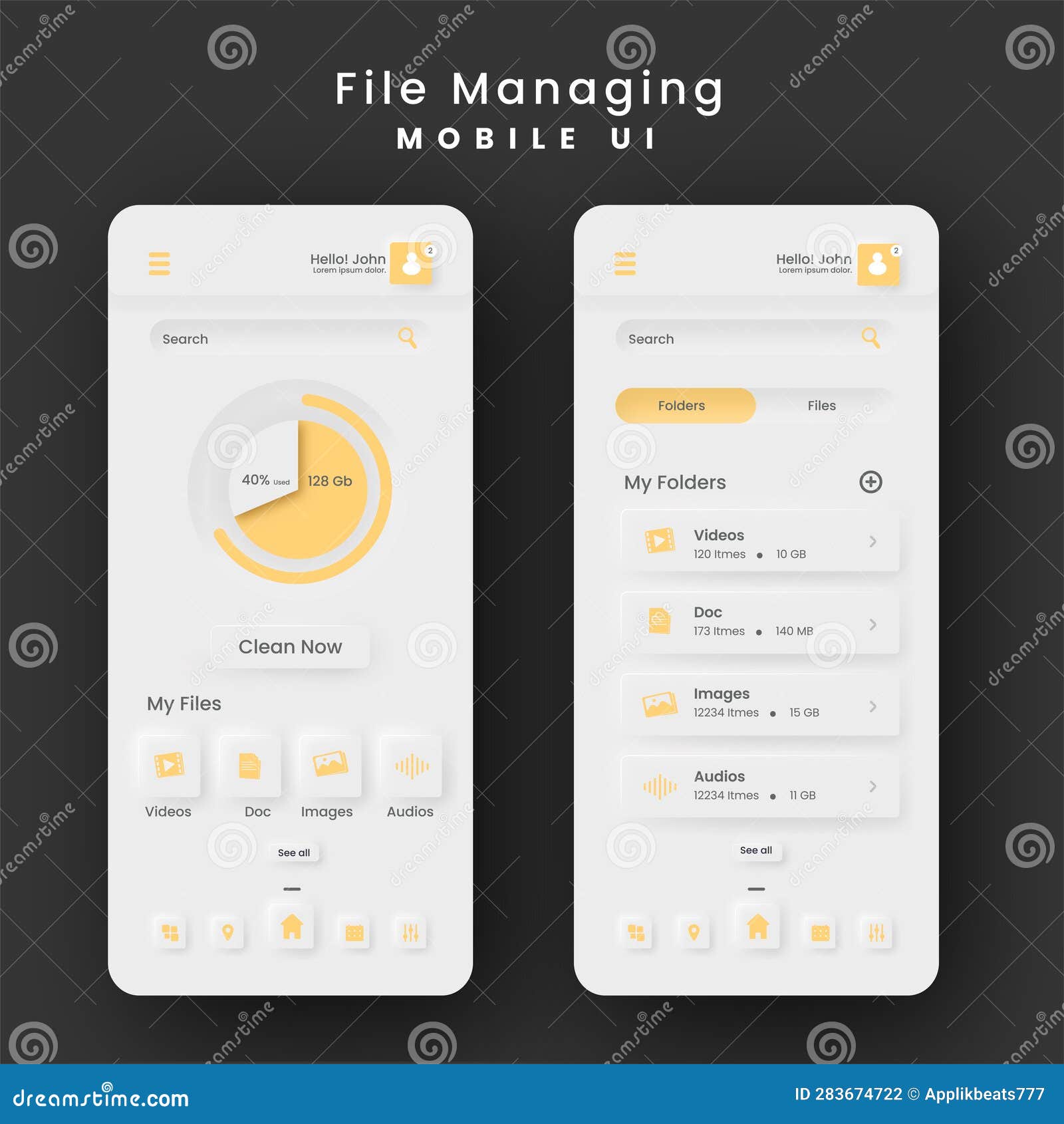 File Managing Mobile Ui Kit Template Layout on Black Background Stock ...