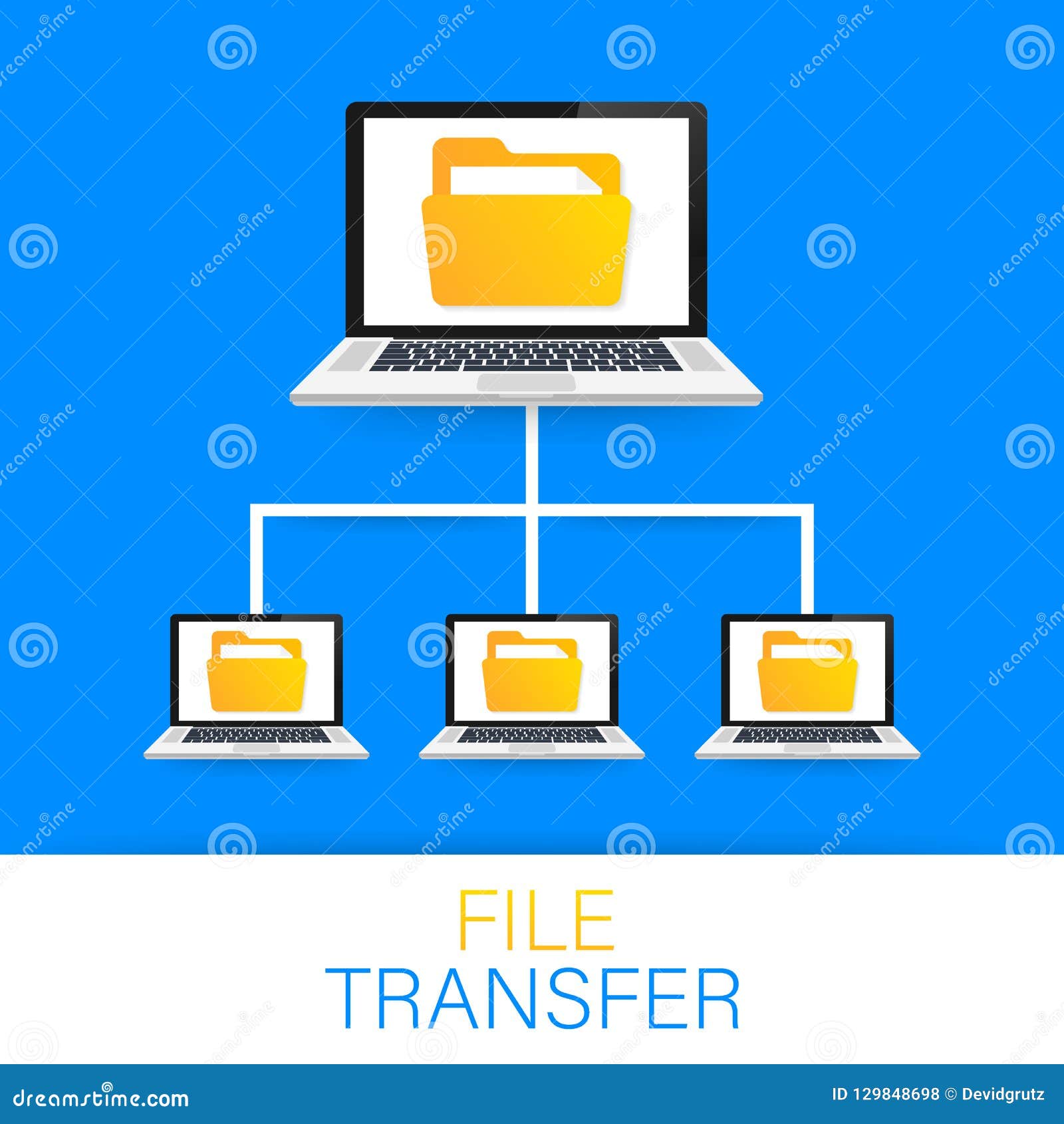 File Transfer. Laptops with Folders on Screen and Transferred Documents ...