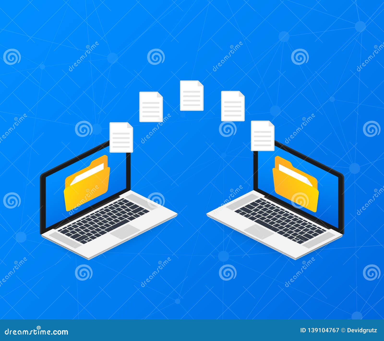 File Transfer. Laptops with Folders on Screen and Transferred Documents ...