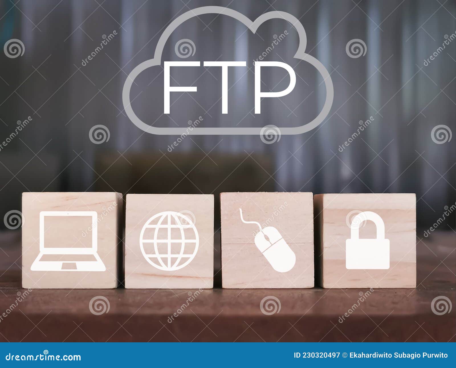 File Transfer Protocol FTP Concept with Icons on Wooden Cubes. Stock ...