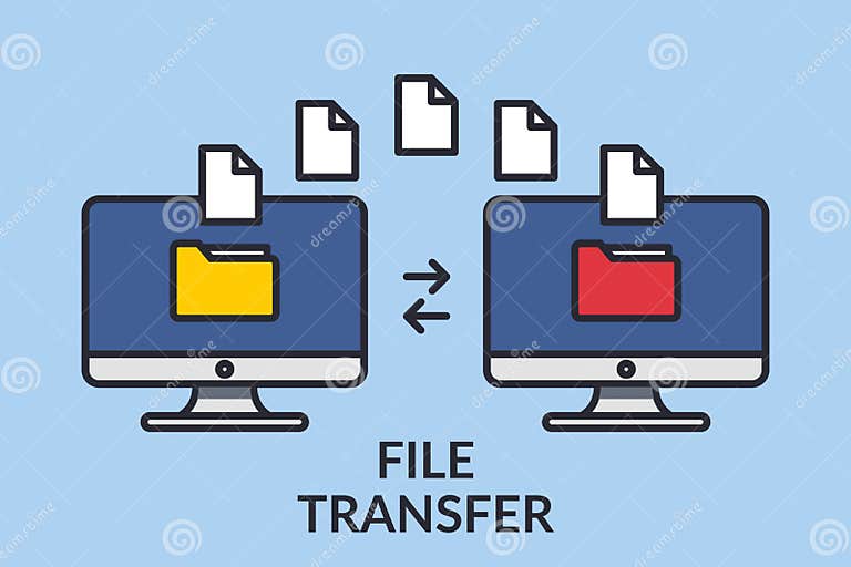 File Transfer. Two Computers with Folders on the Screen and Documents ...