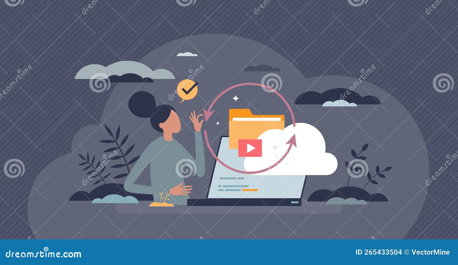 Files Backup With Information Duplicate Upload To Cloud Tiny Person Concept Stock Vector