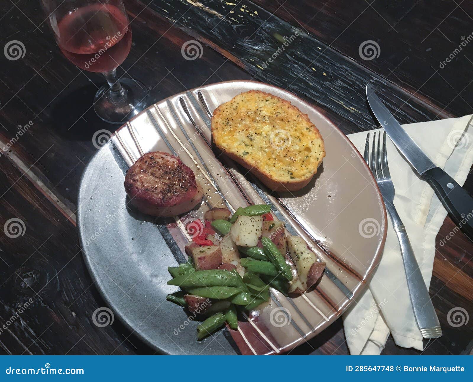 Filet Mignon Dinner with Snow Pea Pods and Toast. Stock Photo - Image ...