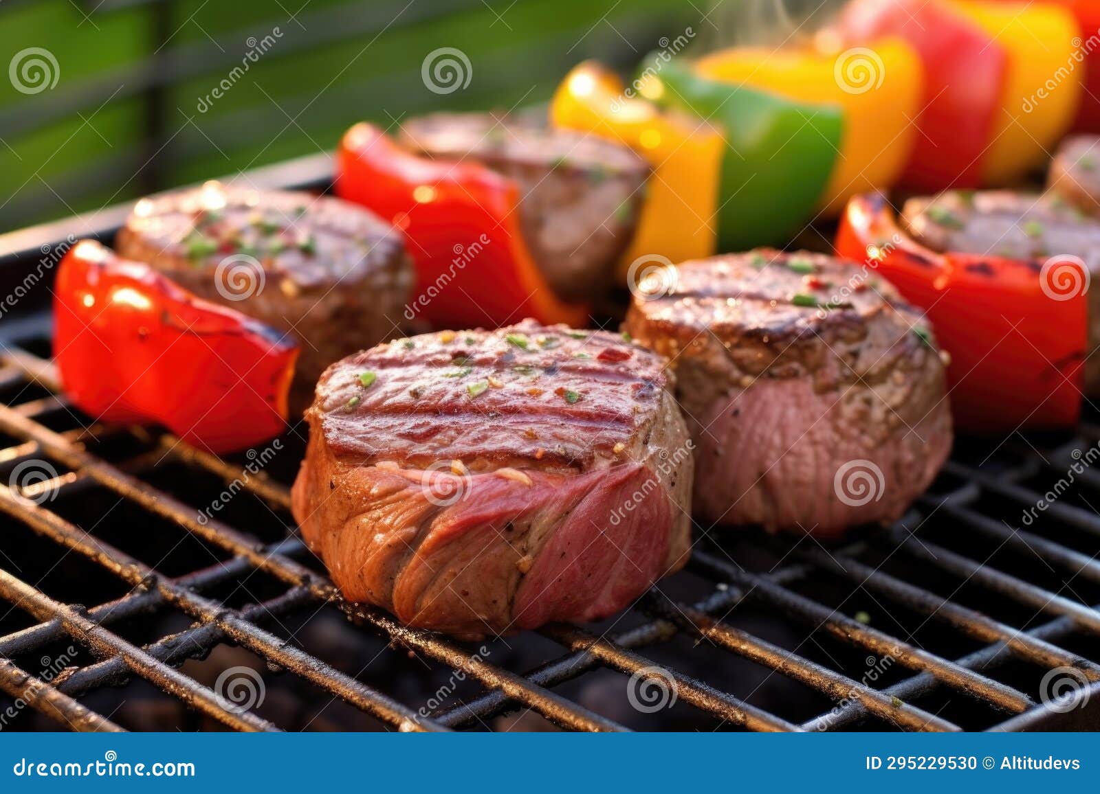 Filet Mignon on Grill Rack with Bell Peppers Stock Photo - Image of ...