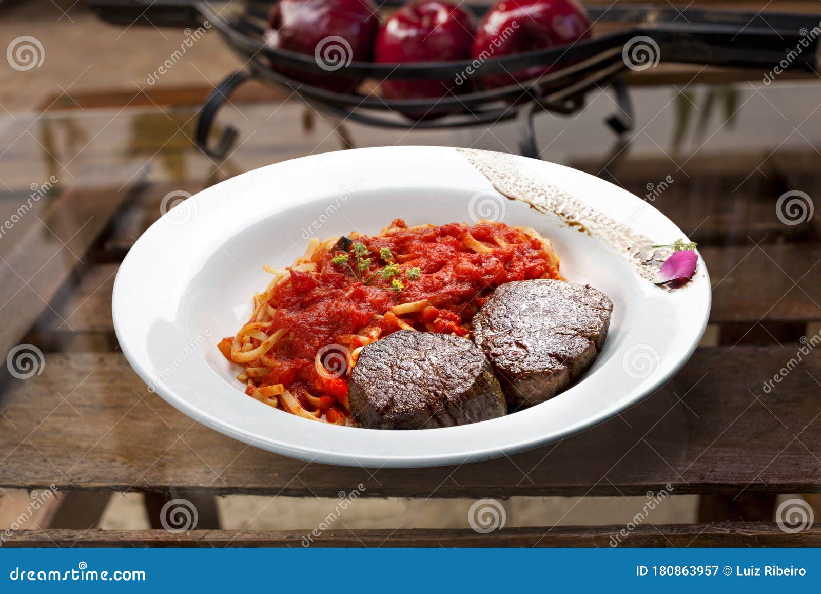 Filet mignon with pasta stock image. Image of parsley - 180863957